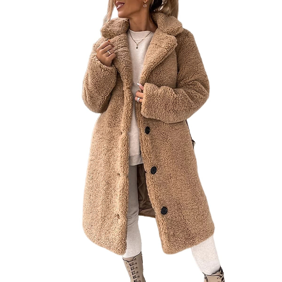 Vliolat Womens 2022 Winter Coats Fuzzy Fleece Long Hooded Jackets Button Down Faux Fur Warm Outwear with Pockets