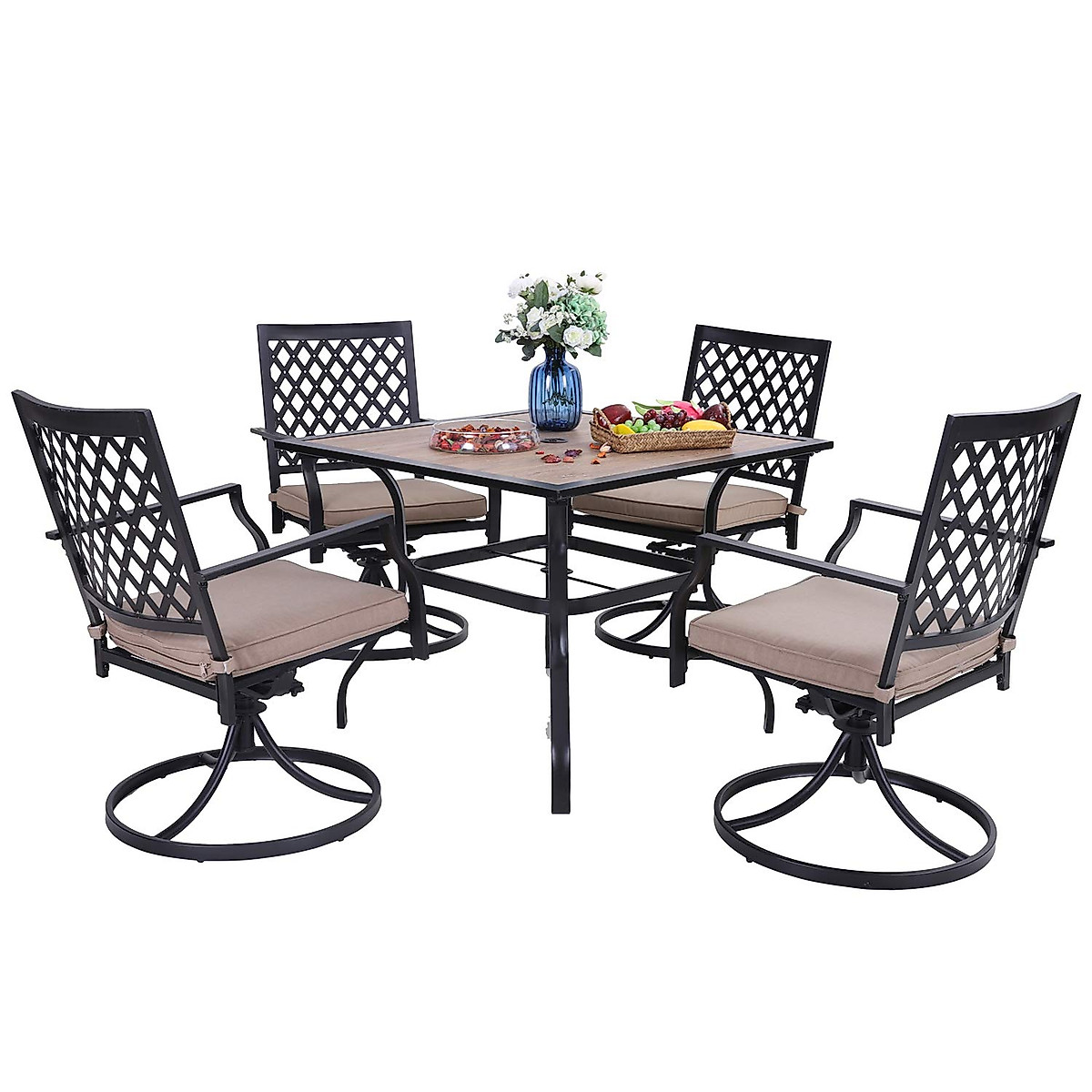 PHI VILLA Outdoor Patio Wood-Like 37" Square Dining Table and Arm Swivel Chairs Furniture Set of 5