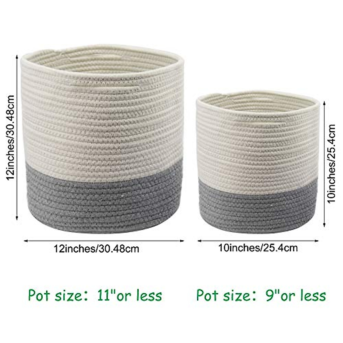 Finderomend 2-Pack Cotton Rope Plant Baskets Cotton Rope Woven Plant Basket for Indoor Plants | Neutral Round Cube Organizer Baskets Bin for Crafts, Toys, Towels and More (12"x12" and 10"x10")