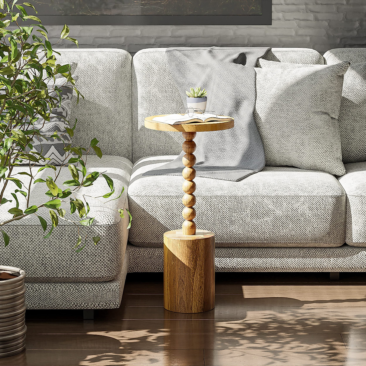 COZAYH Farmhouse Pedestal End Table, Rustic Wood Drink Table with Base, Round Martini Table for Small Space Living Room, Bedroom, Natural Wood Color