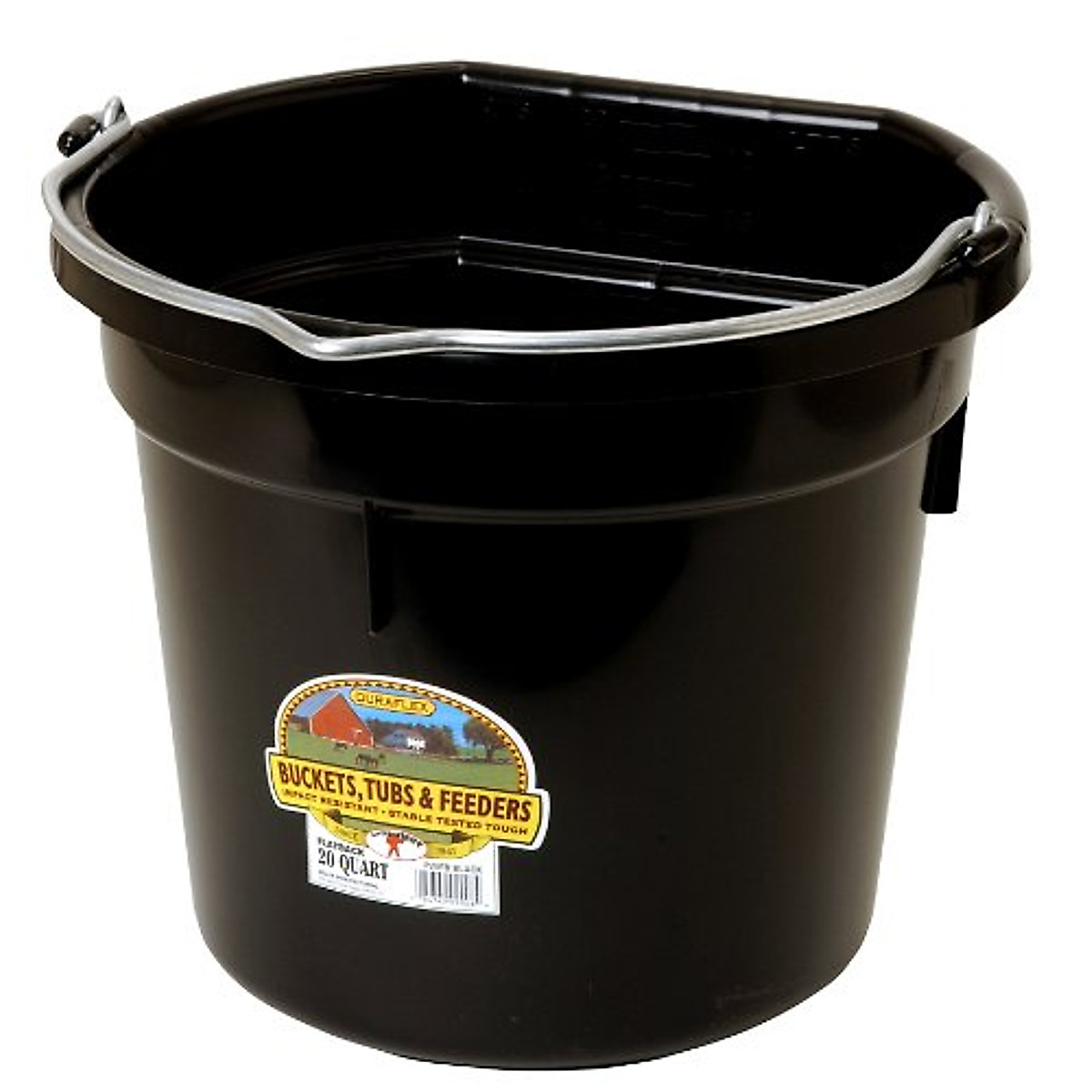 Plastic Animal Feed Bucket (Black) - Little Giant - Flat Back Plastic Feed Bucket with Metal Handle (20 Quarts / 5 Gallons) (Item No. P20FBBLACK6)