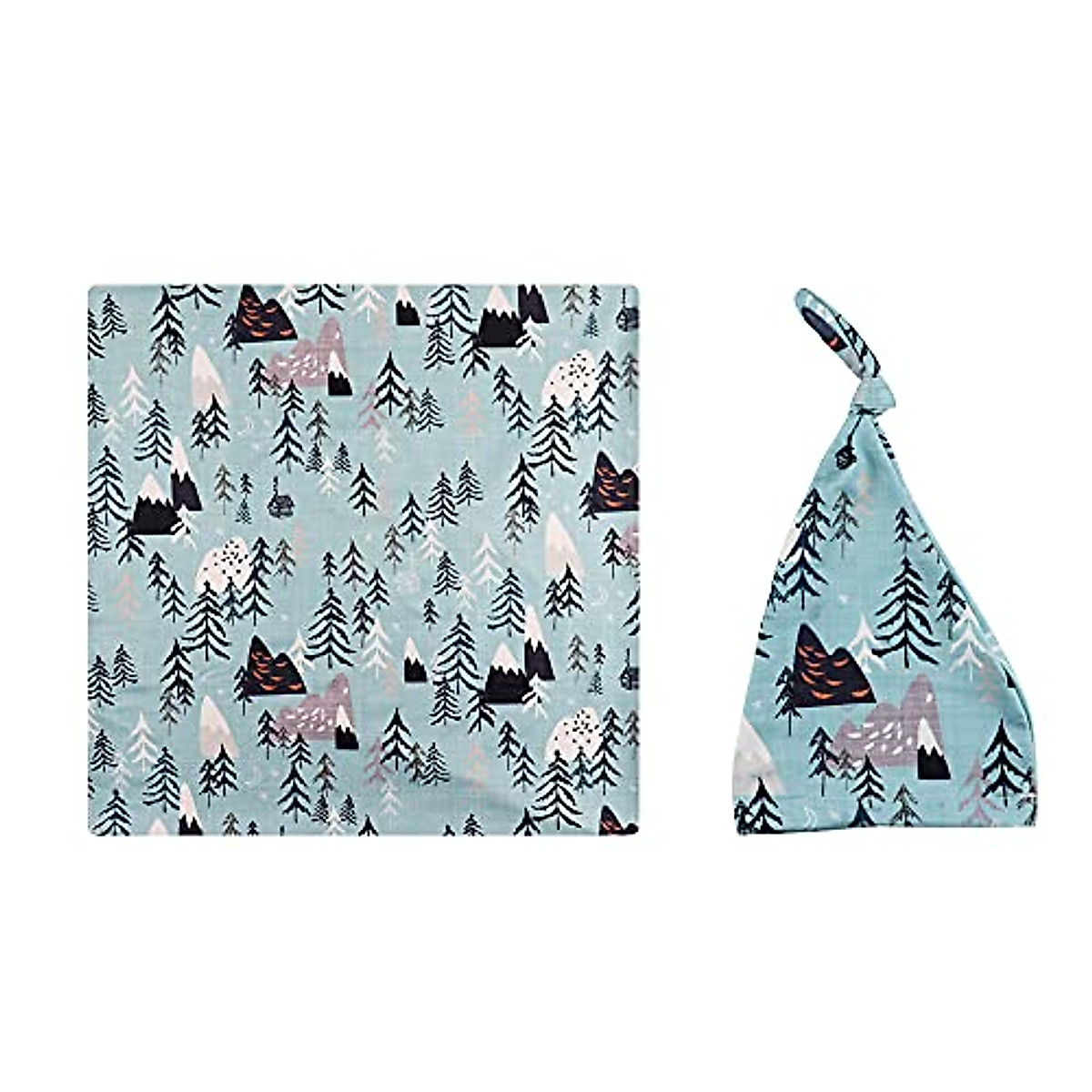Bellasignoro Newborn Receiving Blanket Swaddle Blanket Hat Set for Baby Snug Wrap (Mountain&Tree)
