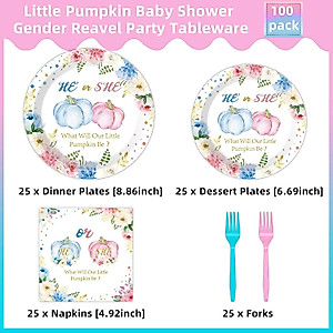 100 Pcs Little Pumpkin Baby Shower Plates and Napkins Fall Gender Reveal Tableware Autumn What will our little pumpkin be Pink or Blue Boy or Girl Baby Shower Birthday Party Decoration Supplies 25