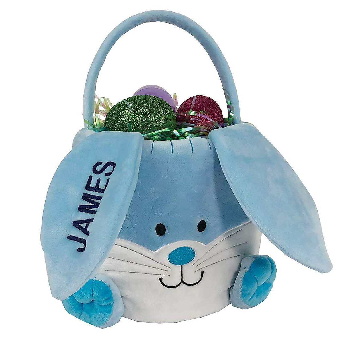 GiftsForYouNow Embroidered Plush Blue Bunny Personalized Easter Basket for Little Boys, Easter Egg Hunt Tote, Perfect for Toys and Candy, 10" W x 7" H x 9" D