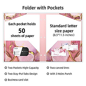 Ospelelf Folders with Pockets, Waterproof Plastic Folder with Two Fixed Corner Tabs and 2 Pockets Includes Business Card Slot, Includes Sticker, Fits 3 Ring Binder Holds 11" x 8.5", 6-Pack