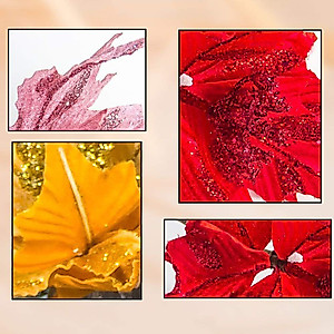 RSTYS Artificial Christmas Flowers, 6Pcs Artificial Glitter Poinsettia Floral Silk Fake Poinsettia Floral Christmas Tree Decoration for Porch Garden Christmas Tree Festival Home Decor, Pink, Medium