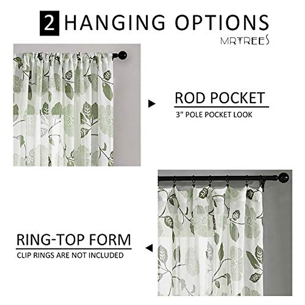 MRTREES Sheer Printed Valance Curtains for Kitchen Windows, Small Modern Rod Pocket Voile Valance Window Treatment for Bathroom Basement(1 Pack, 54" W x 16" L, White with Olive Green Floral Pattern)