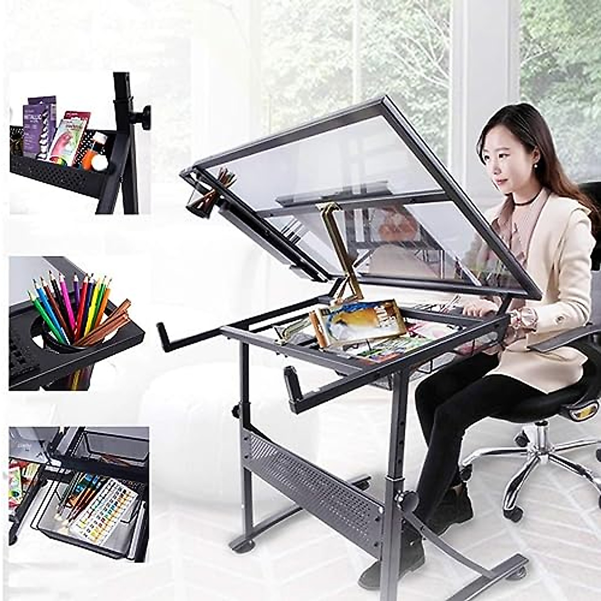 XiVue Drafting Table with Storage, Height Adjustable Tiltable Art Desk, Glass Panel Drawing Desk, for Work Study Painting Craft Table