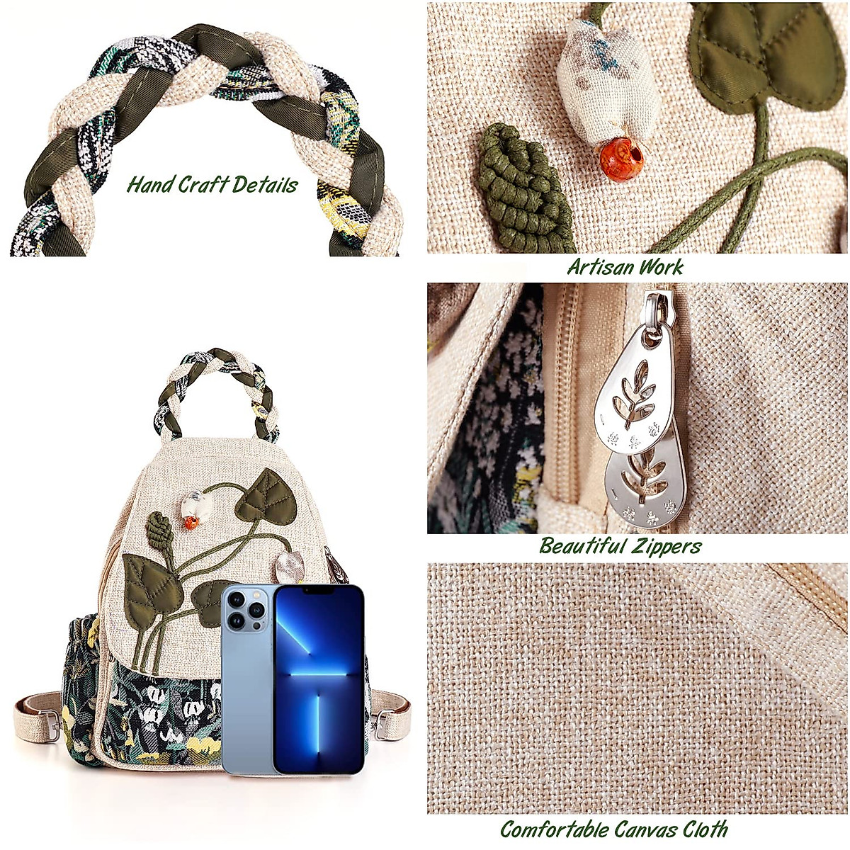 AULUDA Girl's Convertible Sling Bag, Hand Craft Artisan Purse, Beautiful Canvas Premium Casual Day Mini Backpack for Women (Green Marsh)