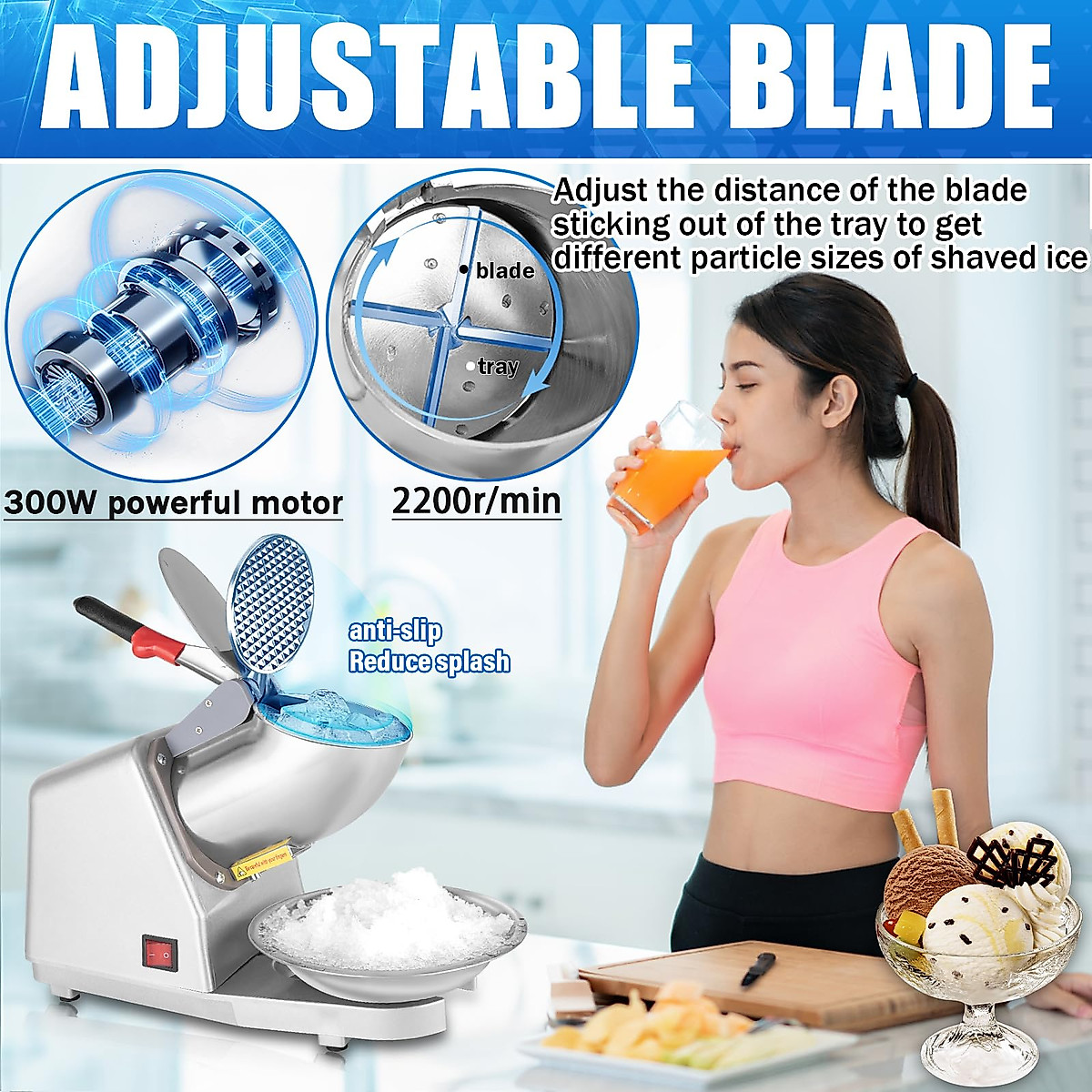 Ice Shaver Machine - Electric 4 Blades Ice Crusher Shaver, Stainless Steel Snow Cone Maker Shaved Ice Machine (300W 2200r/min) for Home & Commercial Use, Prevent Splash, with Ice Pick & Bowl