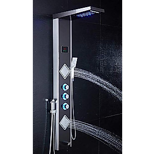 ELLO&ALLO LED Shower Panel Tower System,Rainfall Waterfall Shower Faucet Fixtures Bathroom Rain Massage System with Body Jets Brushed Nickel and Black