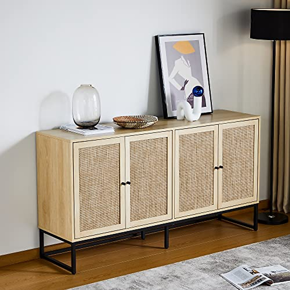 QEIUZON Modern Sideboard Cabinet, Accent Storage Cabinet with Rattan Doors and Adjustable Shelves, Freestanding Sideboard Storage Cabinet for Kitchen Dining Living Room Office (Natural)