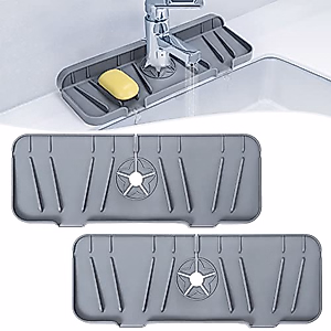 ABQ Kitchen Sink Splash Guard, 2 Pack Silicone Faucet Handle Drip Catcher Tray, 14.57" x 5.31" Drying Mat for Kitchen Countertop & Bathroom Sink Protectors (Grey)
