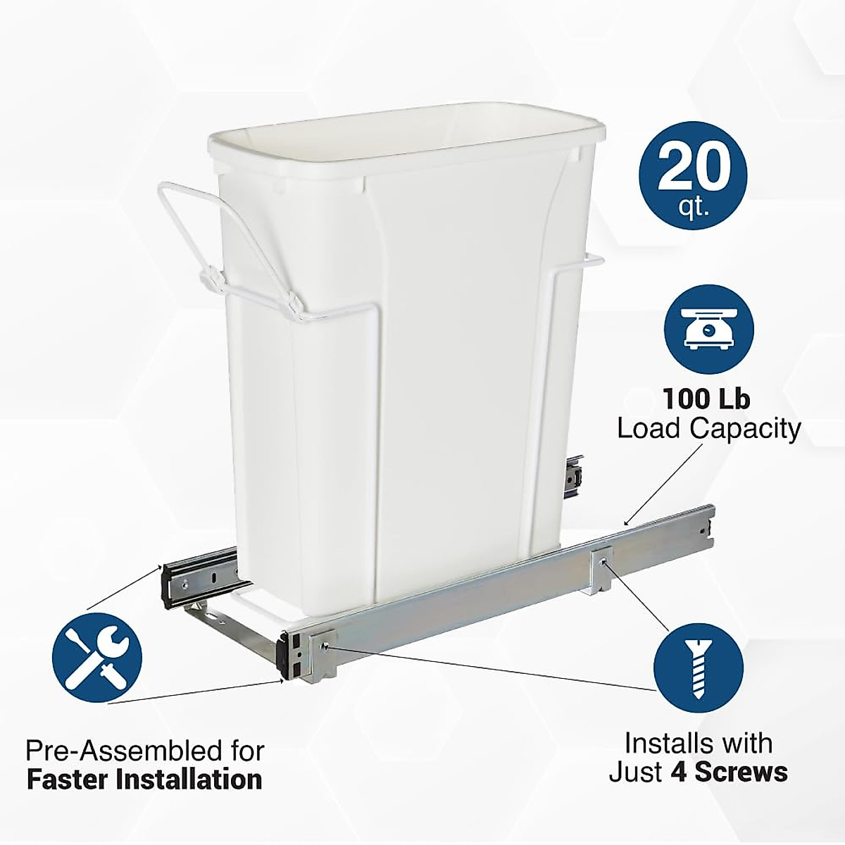 Knape & Vogt RS-PSW9-1-20-W 17 in. H x 8 in. W x D Steel in-Cabinet 20 Qt. Single White Pull Out Trash Can