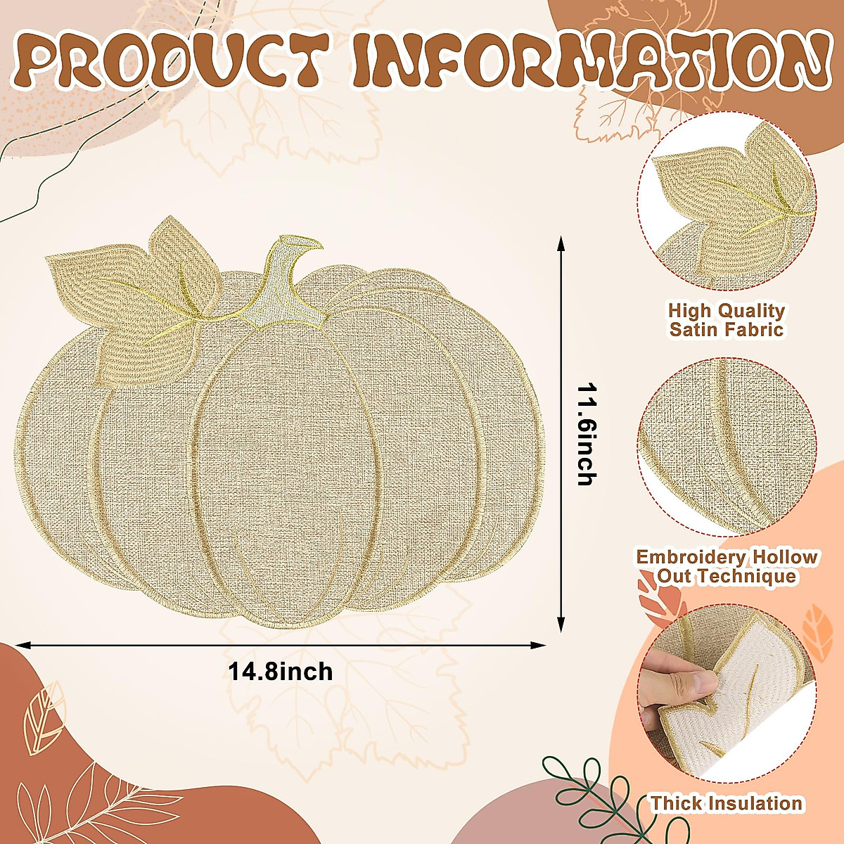 Fall Thanksgiving Pumpkin Placemats Set of 6 Fall Autumn Table Decorations Indoor Farmhouse Harvest Pumpkins Table Round Placemats for Party Kitchen Dinning