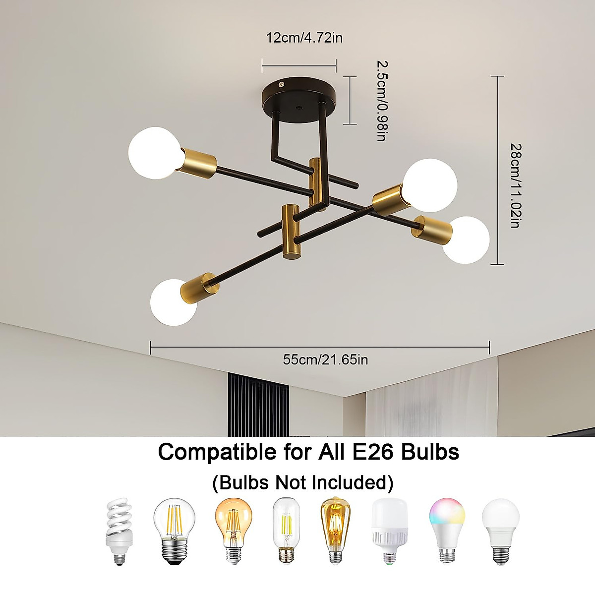 Tealight Sputnik Ceiling Light Fixture, 4 Light Mid Century Modern Black and Gold Lighting Fixture Semi Flush Mount Ceiling Lamp for Bedroom, Living Room, Kitchen, Dining Room, Hallway