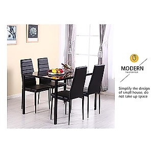 Wolfes Furniture 5-Piece Kitchen Dining Table Set for Dining Room, Kitchen, Dinette, Compact Space w/Glass Tabletop, 4 Leather Metal Frame Chairs - Black