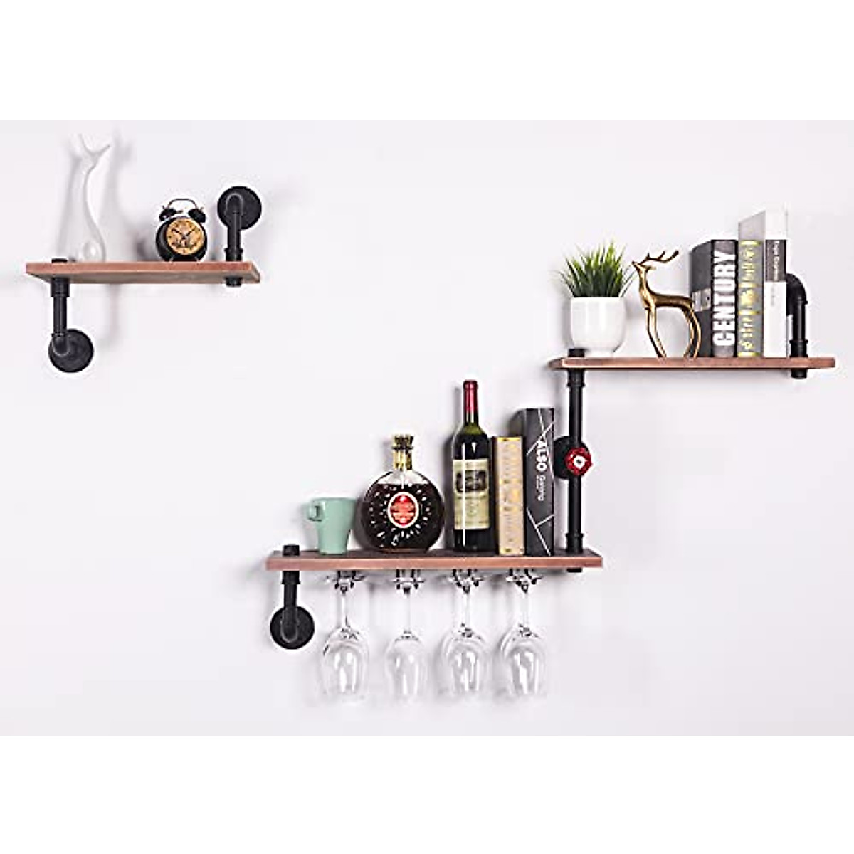 VEMEST 3 Tier Industrial Pipe Shelving Wall Mounted, Rustic Metal Storage Floating Shelves for Bedroom, Living Room, Bathroom, Farmhouse Kitchen Bar Shelving and Wall Shelf Unit Bookshelf.