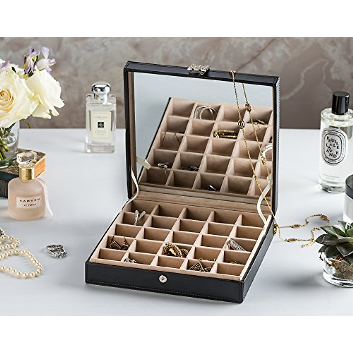 Glenor Co Earring Organizer - Classic 25 Section Jewelry Box/Case/Holder for Earrings, Rings, Necklaces, Jewelry, Cufflinks or Collections. 25 Small Compartments with Elegant Large Mirror - Black