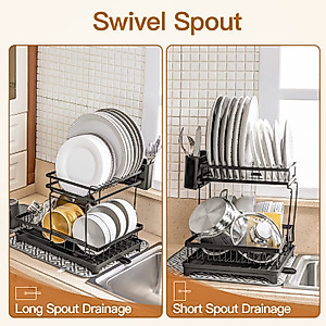 T.R.Sani. Dish Drying Rack with Multi-Functional Drying Mats, Two Tiers Large Storage Dish Rack for Kitchen Counter, Black