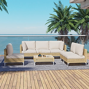 Grand patio 7-Piece Wicker Patio Furniture Set, Outdoor Sectional Conversation Sofa Couch Set with Beige Cushions Thickened Water Resistant Cushions and Glass Table for Lawn, Garden, Backyard