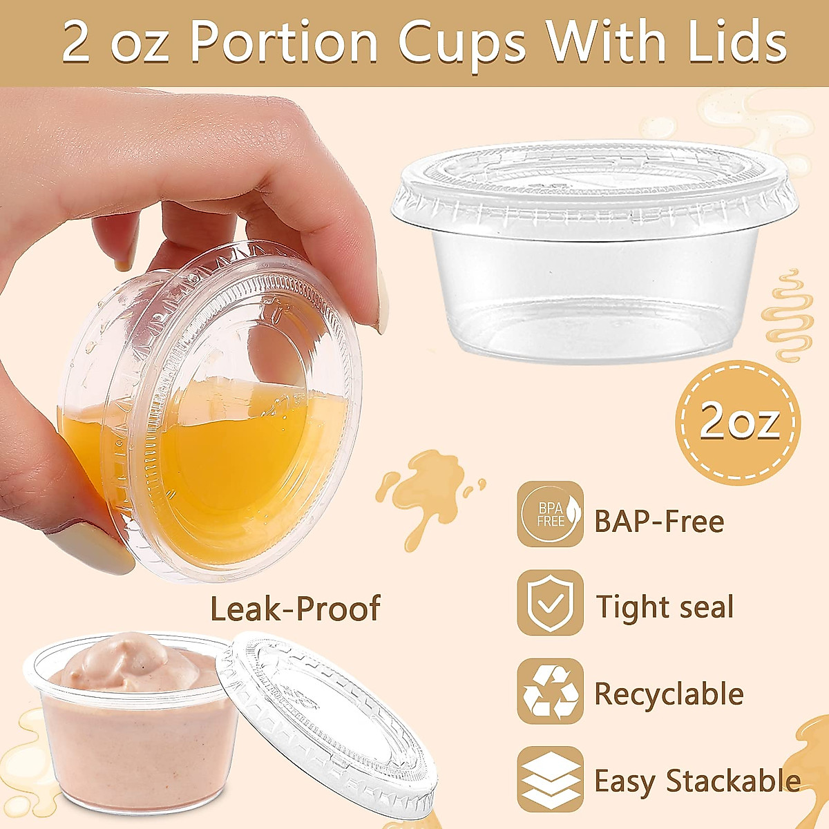 Loppdece [300 Sets - 2 oz Jello Shot Cups,Small Portion Cups with Lids,Airtight and Stackable Disposable Condiment Cups,Clear Plastic Containers with Lids for Salad Dressing Dipping Sauce Condiment