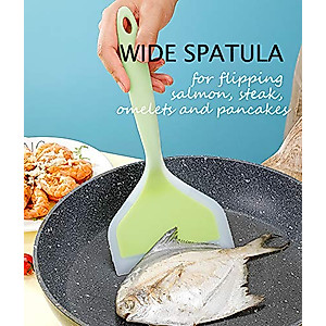 3 Pieces Silicone Spatula Turner Set - Nonstick Pancake Egg Flipper Heat Resistant 480℉- Kitchen Wok Turner, Large Wide Fish Spatula & Slotted Spatula, Cooking Utensils for Burger Omelets, Green