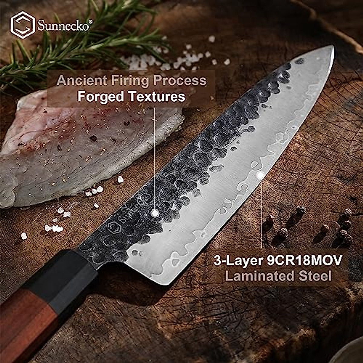 Sunnecko Japanese Gyuto Chef Knife - 8 Inch Chefs Knife for Kitchen,3 Layers 9CR18MOV High Carbon Steel Sharp Cutting Knife,Hand Forged Hammered Pattern
