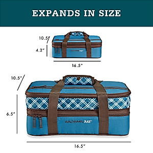 Rachael Ray Expandable Insulated Casserole Carrier for Hot or Cold Food, Thermal Lasanga Lugger Tote for Pockluck, Parties, Picnic, and Cookouts, Fits 9" x 13" Baking Dish, Bias Plaid Marine Blue