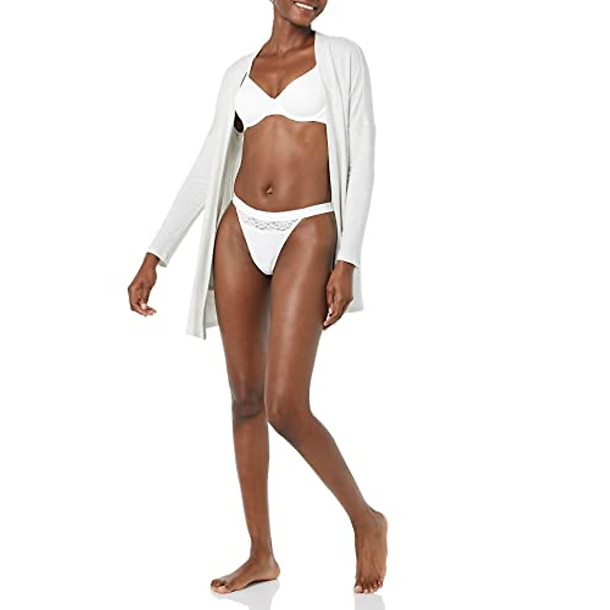 Amazon Essentials Women's Cotton and Lace Thong Underwear, Pack of 4, Black/Pink/Light Grey Marl, Medium