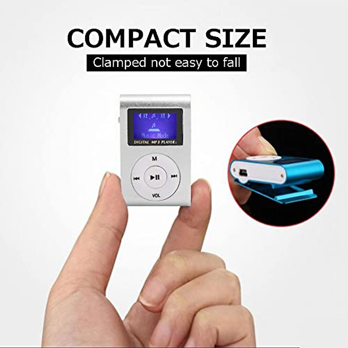 Portable Mini MP3 Music Player, 0.8inch LCD Screen Sports Back Clip MP3 Player Support Memory Card, Mini Digital Music Player for Adult Student(Silver)