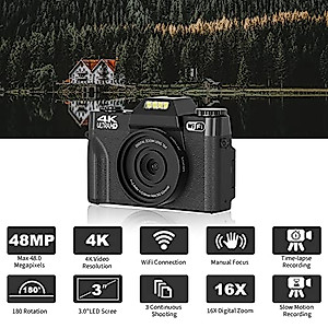 Digital Cameras for Photography, 4K 48MP Vlogging Camera for YouTube with WiFi, Manual Focus, 16X Digital Zoom, 52mm Wide Angle Lens & Macro Lens, 32GB TF Card and 2 Batteries