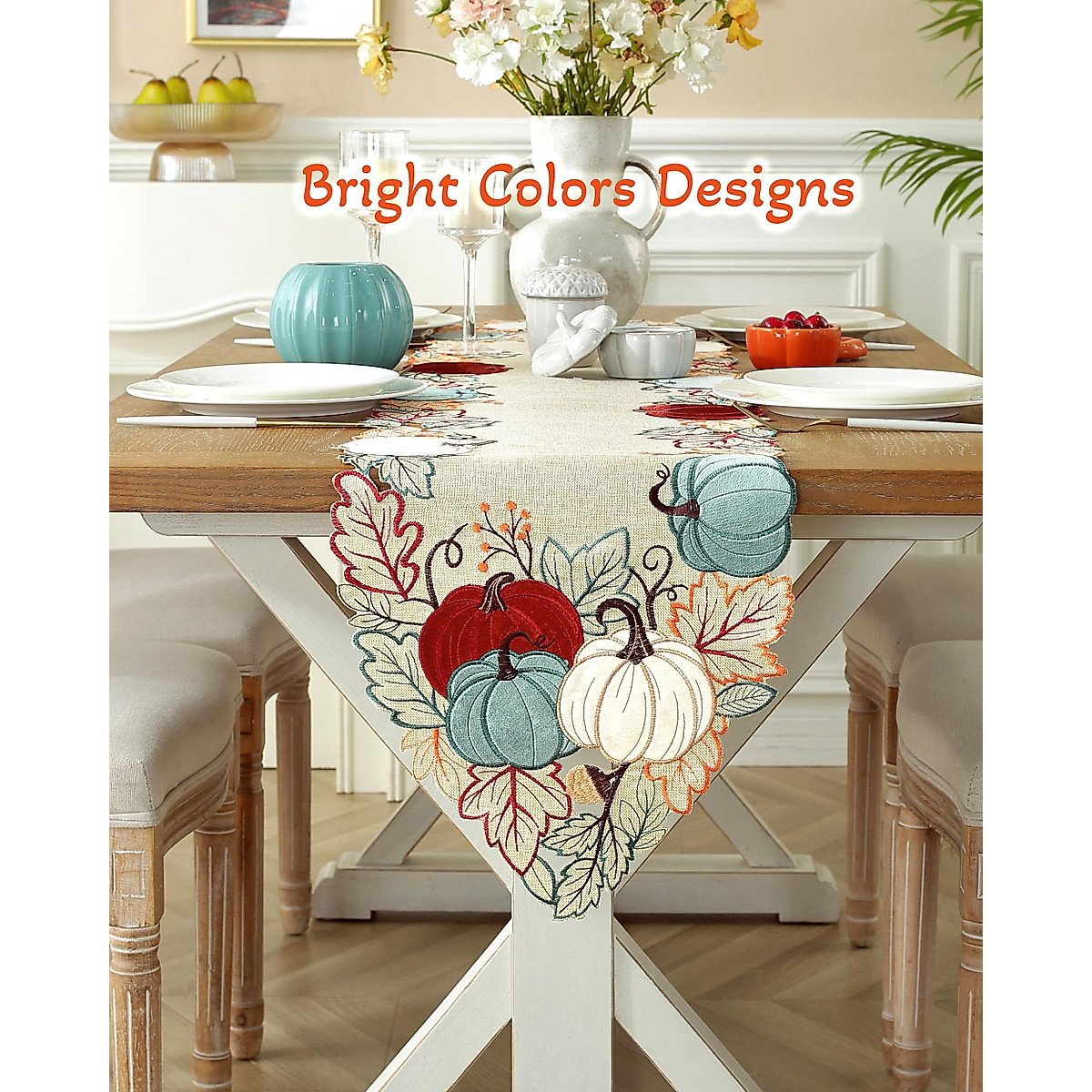 Thanksgiving Table Runner Fall Decorations for Home Fall Table Runner with Embroidered Velvet Pumpkins Maple Leaf. Halloween/ Christmas Table Decorations for Kitchen Dining Harvest Party Decor