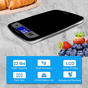 MEGATEK 22lb Digital Food Kitchen Scale Weight in Grams and Ounces for Baking and Cooking, 0.05 oz/1g Accuracy, Large Backlit LCD Display and Weighing Platform, Tempered Glass - Black