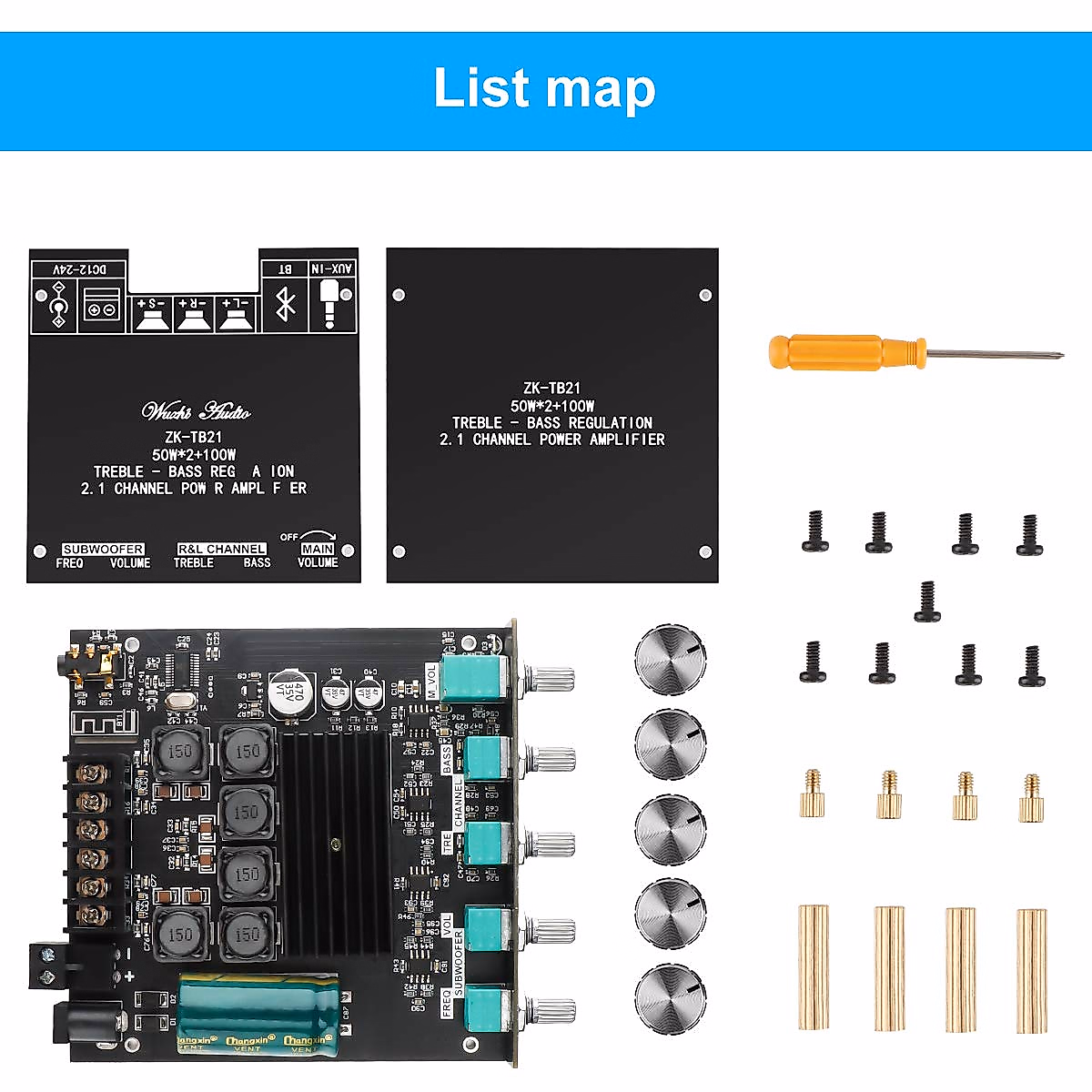 MakerHawk Bluetooth Amplifier Board HiFi Stereo 2.1 TPA3116D2 2X50W+100W 12V-24V Audio Power Amplifier Module Bass and Treble Control for Store Home Theater Speakers (ZK-TB21)