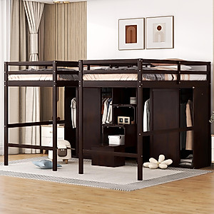 Lifeand Double Twin Loft Beds with Wardrobes and Staircase, Espresso