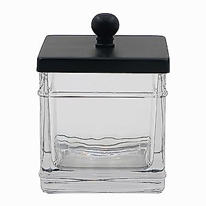 Indecor Home H Halston Apothecary Glass Cotton Jar Holder for Qtips, Cotton Balls, Floss, Storage Canister ,Bathroom Organization, With Matte Black 304L Stainless Steel Lid, Makeup Vanity Organizer
