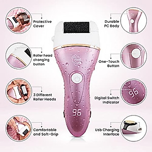 Electric Foot Callus Remover - Rechargeable Portable Electronic Foot File for Feet, Best Heel Shaver for Cracked Heels, Professional Pedicure Tool Kits, Foot Care for Dry Dead Skin, 3 Rollers - Pink