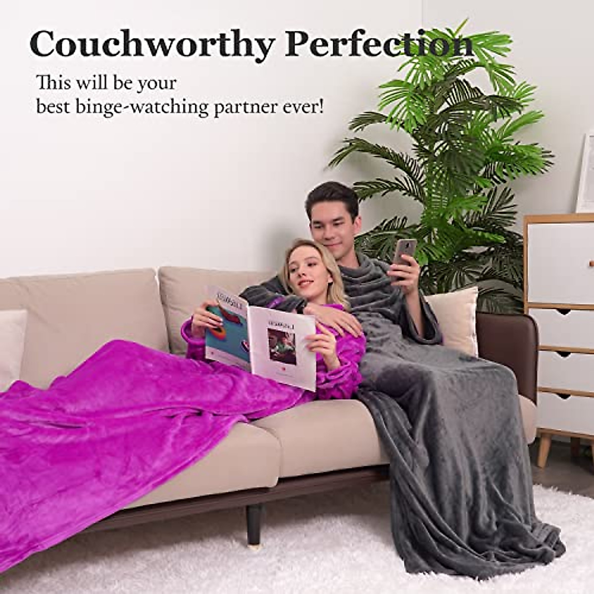 Winthome Wearable Blanket with Sleeves for Adults Women Men, Soft and Warm TV Wrap Throw Blanket with Elastic Cuffs, Hook and Loop Fastener(Grey,55.1"X66.9")