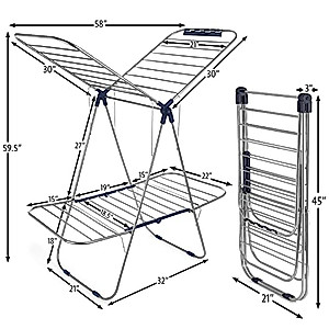 Luxe Laundry Premium Clothes Drying Rack, Foldable 2-Layer Stainless Steel Drying Rack, Free Standing with Height Adjustable Wings, Stainless Steel, Sock Clips, Towel Rack, Clothes, Blue