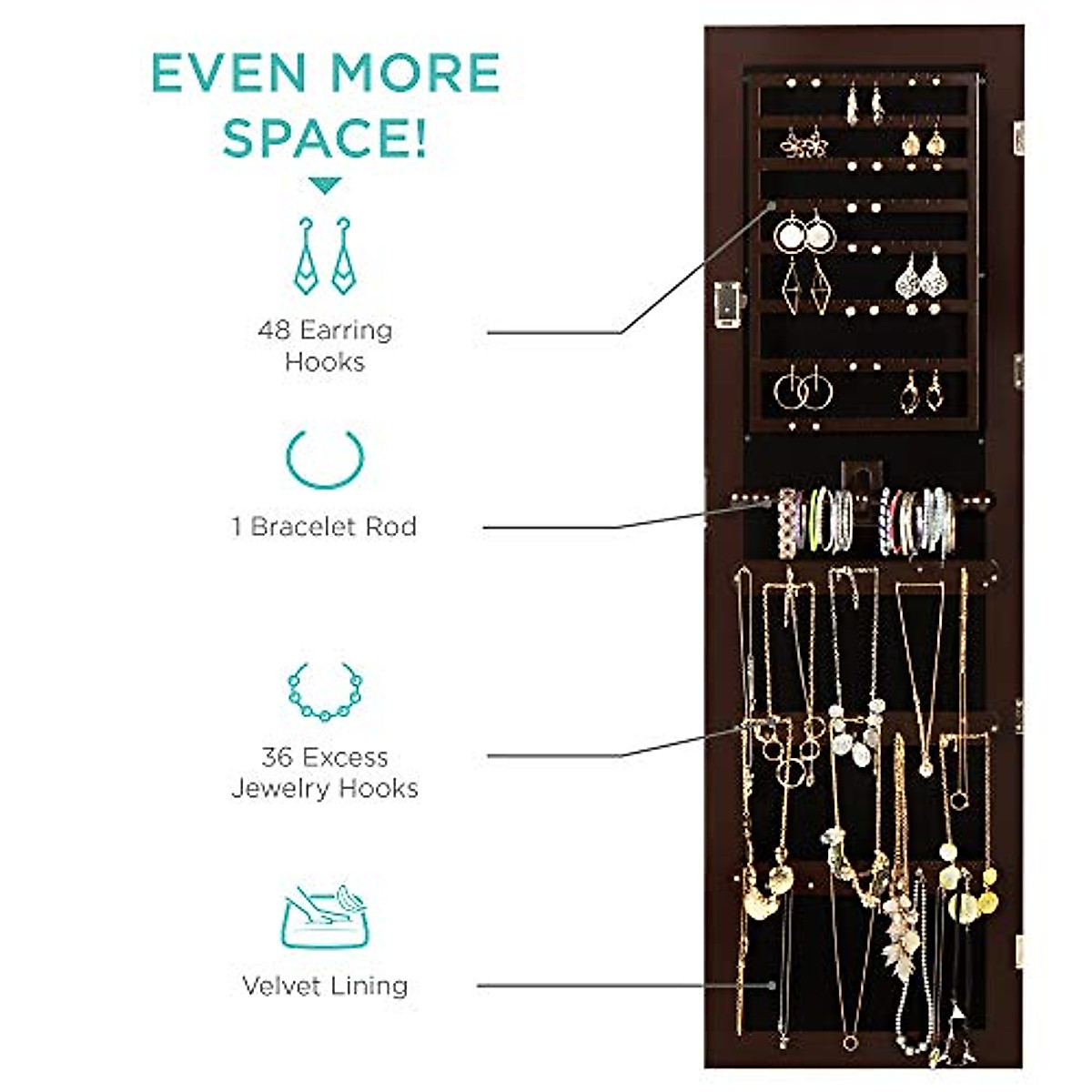 Best Choice Products 6-Tier Full Length Standing Mirrored Lockable Jewelry Storage Organizer Cabinet Armoire w/ 6 LED Interior Lights, 3 Angle Adjustments, Velvet Lining, Espresso