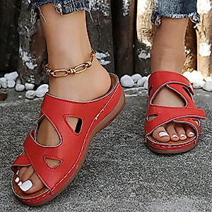 Women Foot Wear Summer Women Slippers Thick Soles Open Toe Breathable Slip On Comfortable Roman Beach Shoes (Red, 8)