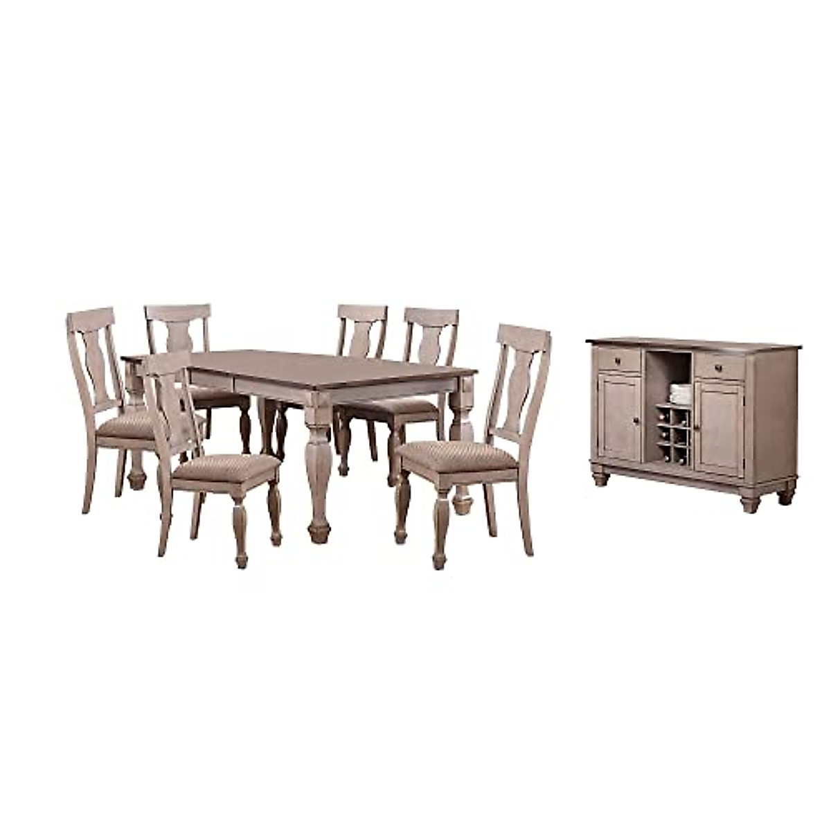 Pilaster Designs Indoor Home Decorative Furniture Joanna 8 Piece Extendable Dining Set, Brown Wood & Polyester (Table, Six Queen Anne Back Chairs & Buffet Server)