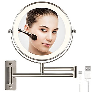 Rechargeable Wall Mounted Lighted Makeup Mirror, 8" Large 1X/10X Magnifying Vanity Mirror with 3 Color Lights, 17 Inch Extendable Bathroom Mirror Nickel, Dimmable 360° Swivel Shaving Light up Mirror