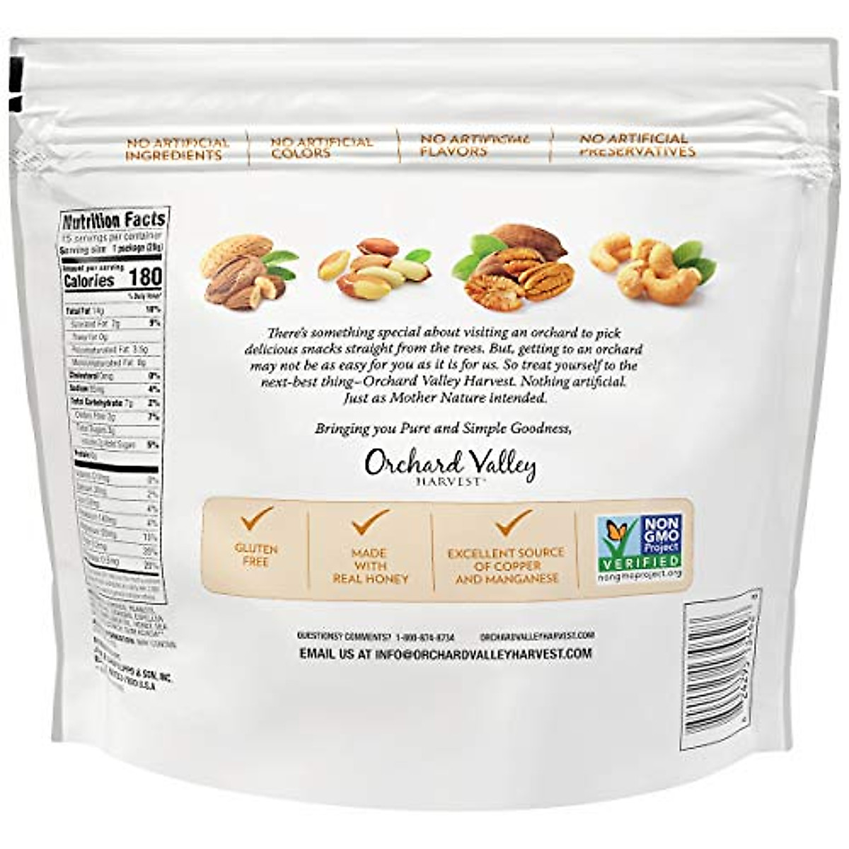 Orchard Valley Harvest Honey Roasted Mixed Nuts, 1 Ounce Bags (Pack of 15), Almonds, Peanuts, Pecans, and Cashews, Gluten Free, Non-GMO, No Artificial Ingredients