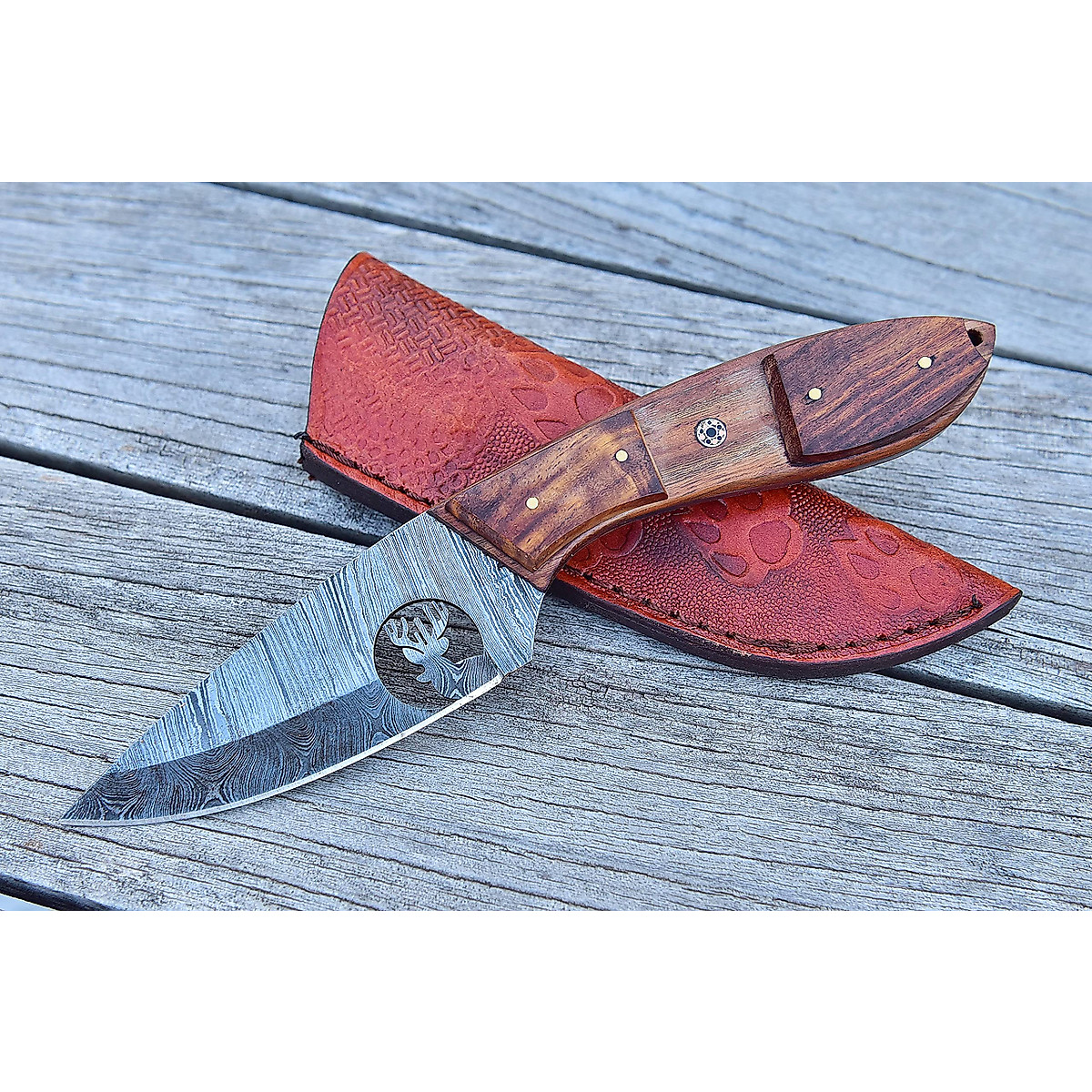 Damascus Hunting Knife - Handmade Knife, Hand Forged Fixed Blade Knife, Camping Knife & Hunting Knives - Gift Knives & Bowi Knives with Rose Wood Handle - Leather Knife Sheath