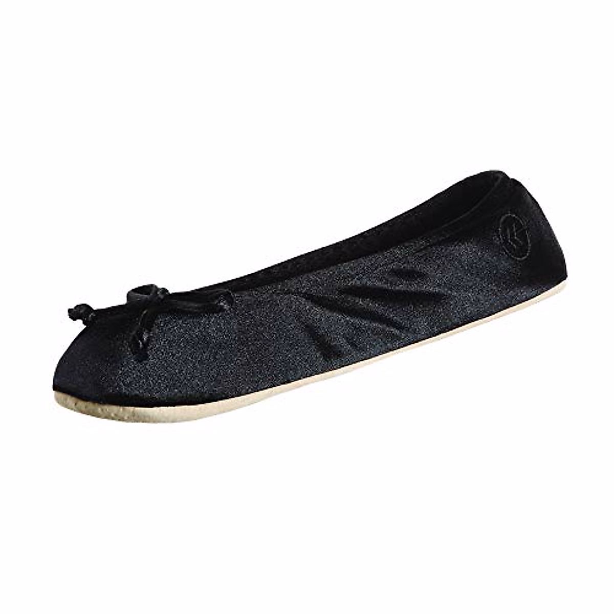 Isotoner Ballerina Slippers for Women – Soft Satin House Shoes with Bow and Suede Sole – Classic Comfy Travel and Bedroom Slippers – Cute Bridal Party Slippers, Black Soft Tie Bow, 6.5-7.5