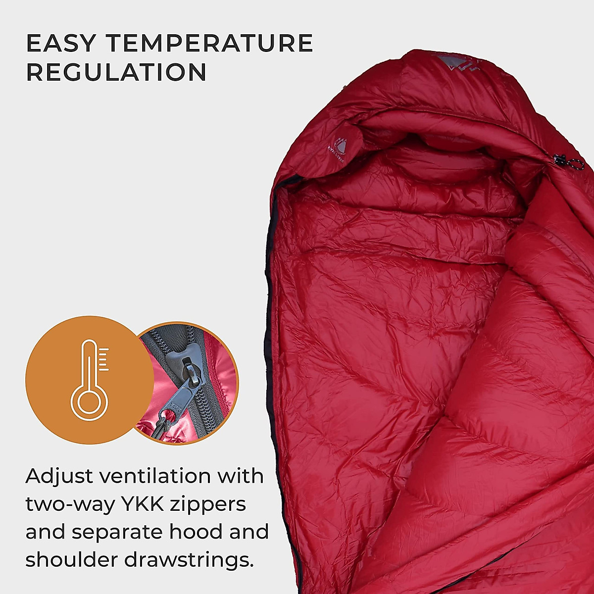 Hyke & Byke Quandary 15 F Hiking & Backpacking Sleeping Bag - 3 Season, 650FP Duck Down Sleeping Bag - Ultralight - Maroon - 72in - Short