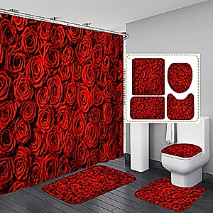 Seacoi Rose Flower Shower Curtain Set with Rugs, 4 Pcs Romantic Floral Bathroom Decor Set for Girls Women, Valentine's Day Complete Bath Room Curtain Set with Matching Mat & Accessories (Red 2)