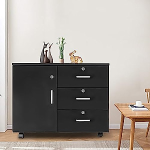BANLICALI File Cabinet, Modern 3 Drawer Mobile File Cabinet with 2 Shelves and Wheel, Rectangular Under Desk File Cabinet for Home, Office, School Black Load 55.12lbs